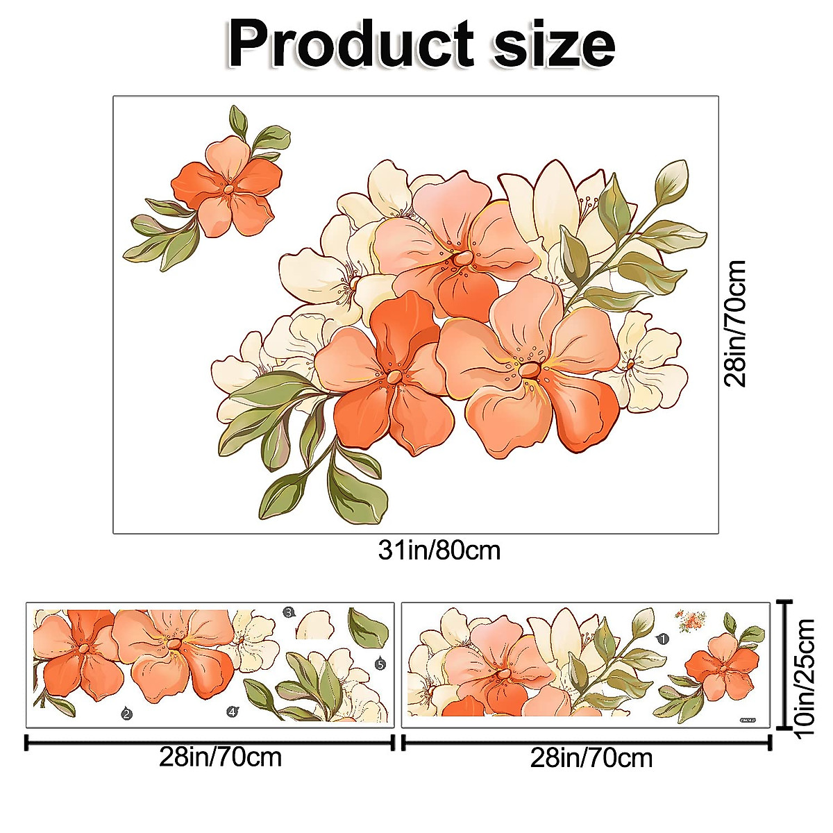 RW-6014 Romantic Orange Flowers Wall Decals Yellow Peony Rose Wall Stickers DIY Removable 3D Green Leaf Floral Blossom Plant Wall Art Decor for Kids Girls Bedroom Living Room Nursery Decoration