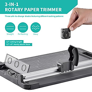 Rotary Paper Trimmer, 3-in-1 Paper Cutter, 12 Inch Cutting Length, with Straight Cut/Perforating Cut/Wavy Cut, Enclosed Blades for Safe Use, Ideal for Paper Craft Projects