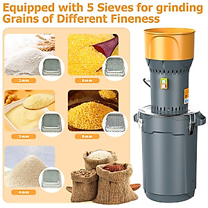 Eachbid 25L Grain Mill Grinder, 1300W Electric Grain Grinder Mill, Detachable 6.6 Gal Bucket & Hopper, with 5 Grinder Sieves+1Wrench, Feed Mill Dry Cereals, Corn Grinder, Wheat Grinder, Molino de Maiz