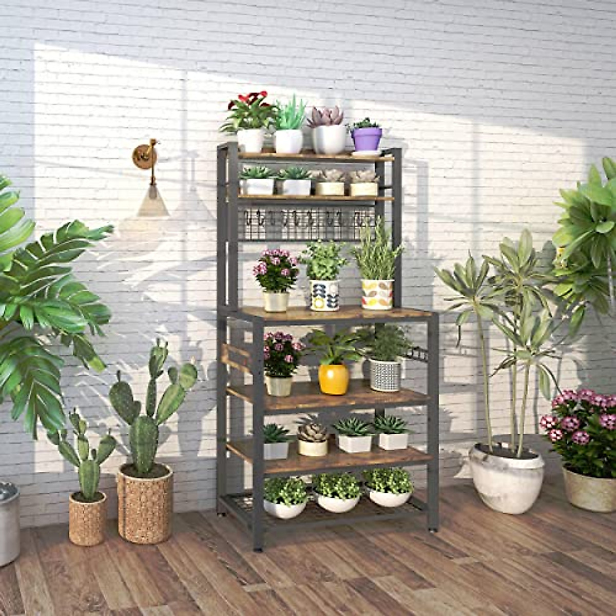 HHETOGOL Carbon Steel Bakers Racks for Kitchens with Storage, Bakers Rack with Power Outlet, Coffee Bar, Kitchen Storage Rack with 10 S-Hooks, Kitchen Shelves for Spices, HPJ01B