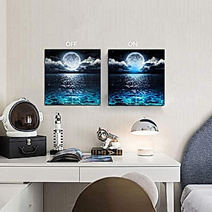 Moon Decor Led Wall Art - Seascape Picture Ocean Bathroom Decorations office Kids Room Dorm Modern Abstract Prints Poster Moonlight lighted Painting Space Canvas Giclee Artwork 11.6x11.6inch Framed