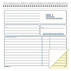 TOPS 2-Part Carbonless Bill for Services Rendered Book, 8.5 x 8.25 Inches, 50 Sheets, White, (4133)