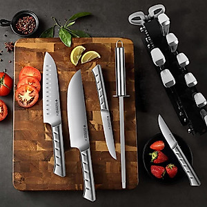 Block Knife Set, 15 PCS German Stainless Steel Sharp Kitchen Knives with Black Acrylic Stand, Professional Chef Knife Set with Steak Knives, Sharpener and Scissors