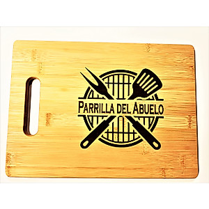 Parrilla del Abuelo Engraved Bamboo Wood 9.5x13 BBQ Cutting Board with Handle for Mexican Spanish Hispanic Grandfather or Father's Day