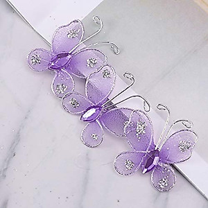 Artibetter 50PCS Wired Mesh Butterfly Glitter Gem Butterfly Craft Decor(Lavender)