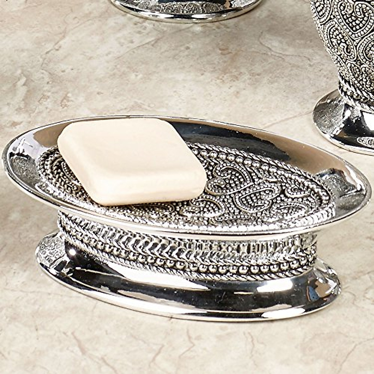 nu steel Beaded Heart Resin Decorative Dish Tray for Bathroom Vanities, Countertops, Pedestals, Kitchen Sink-Store Hand Soap, Pumice Bars, Sponges, Scrubbers-Chrome, Small, Silver