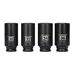 MIXPOWER 4-Piece 1/2-Inch Drive Deep Impact Socket Set,12 Point, Metric, CR-MO, 30,32,34,36mm, Spindle Axle Nut Impact Socket Set