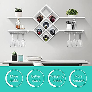 Ejoyous Wine Rack with Glass Holder Wall Mounted, Rustic Wooden Wine Bottle Rack Cabinet Grid Hanging Wine Stemware Storage Rack Plant Flower Display Shelf for Bar Kitchen Restaurants (White 1)