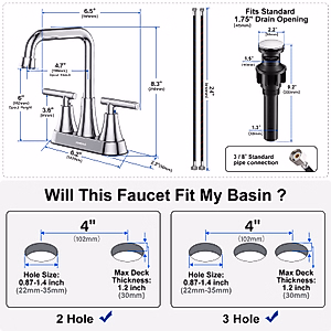 Bathroom Sink Faucet, Hurran 4 inch Chrome Bathroom Faucets for Sink 3 Hole with Pop-up Drain and Supply Lines, Stainless Steel 2-Handle Centerset Faucet for Bathroom Sink Vanity RV Restroom