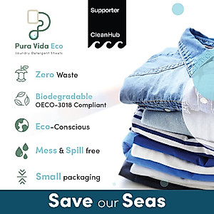 Pura Vida Eco Laundry Detergent Sheets - 90 Sheets (up to 180 Loads) - Unscented - Ideal for Travel, Baby Clothes - Compact, Liquidless, Hypoallergenic, Eco-Friendly, Plastic-Free Solution