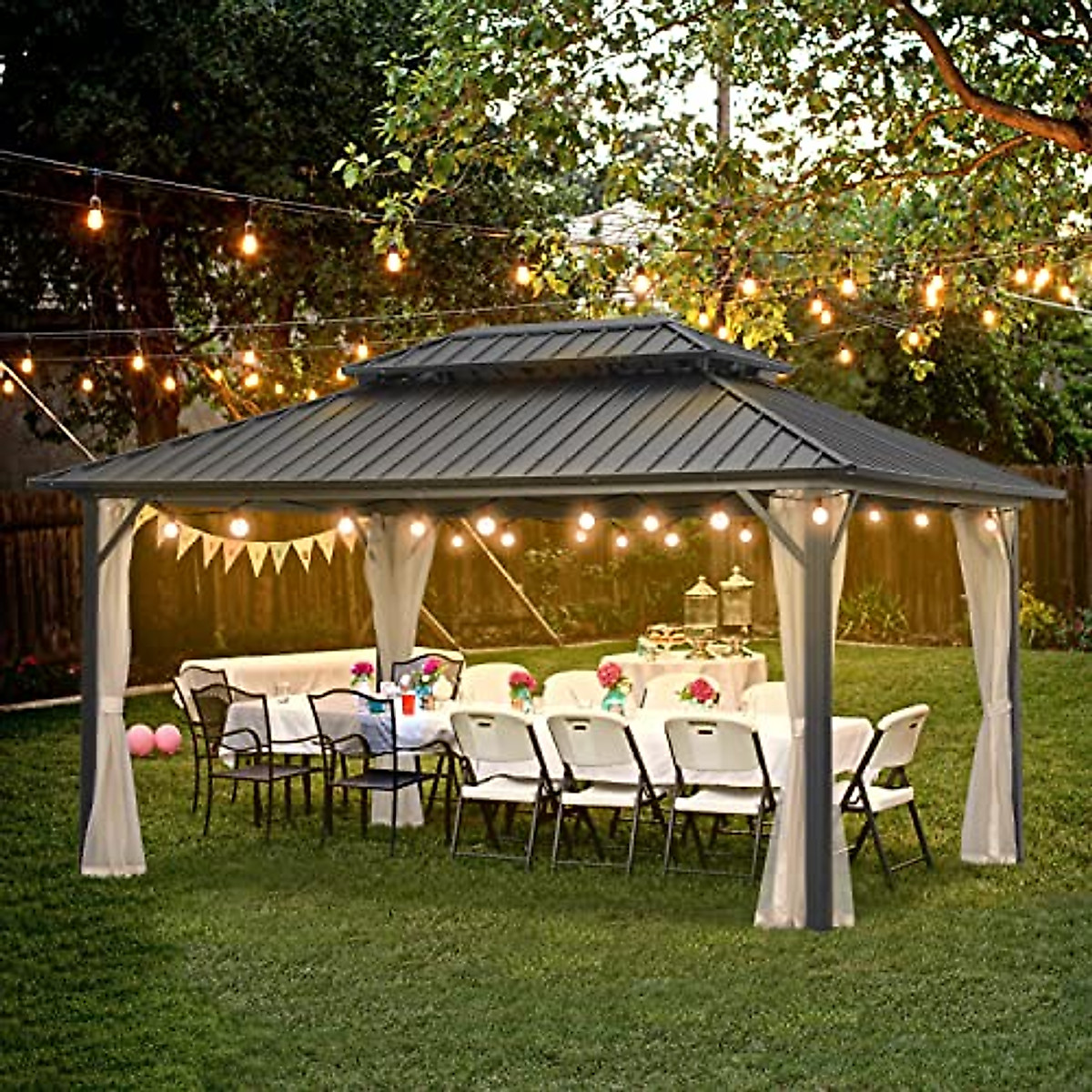 Leisurelife 10'x12' Galvanized Steel Double Roof Hardtop Gazebo with Nettings for Patio Outdoor Backyard Garden or Grill, Heavy Duty Canopy Tent, Aluminum Frame