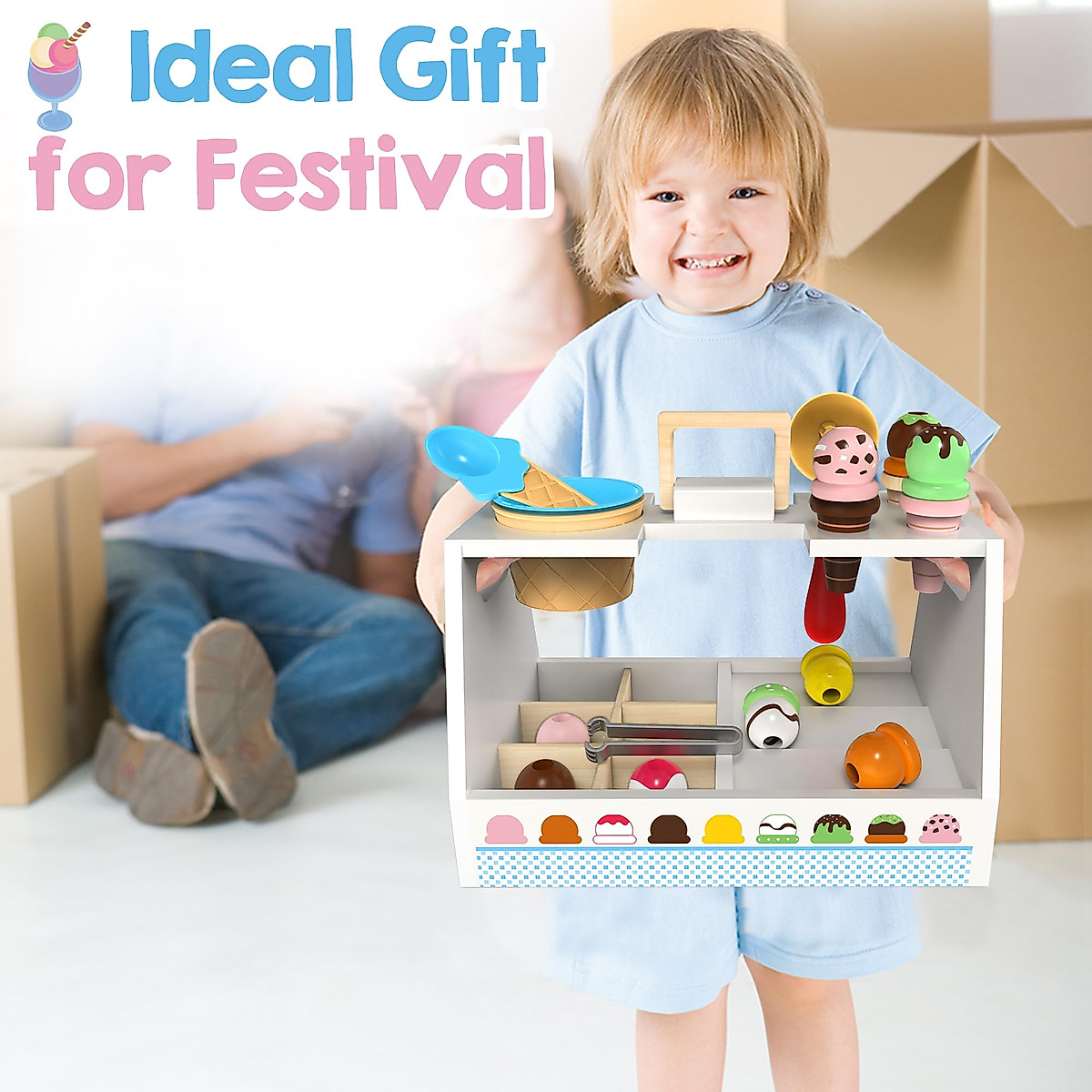 Wooden Ice Cream Toy for Kids, 33 PCS Pretend Play Food for Toddlers 3-5 Portable Ice Cream Stacking Toy, Montessori Toddler Toy Kitchen Playset Gift for Ages 3+