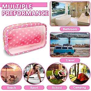 Clear Small Makeup Bag with Zipper, Nylon&PVC Cosmetic Travel Bag Preppy TSA Approved Toiletry Bag for Women Girls, Transparent Waterproof Makeup Pouches Cute Travel Bag for Purse(Small-Pink Heart)