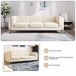 Hommoo 94" W 3 Seat Couch Mid Century Velvet Sofa with Metal Gold Legs Chesterfield with Removable Cushion Comfortable Sofa Couch for Small Apartment Living Room Bedroom Beige