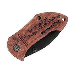 FAYERXL Engraved Catholic Knife with Cross Prayer Bible Verse Hiking Knife,Be Strong & Courageous Christian Religious Scripture Prayer Gift