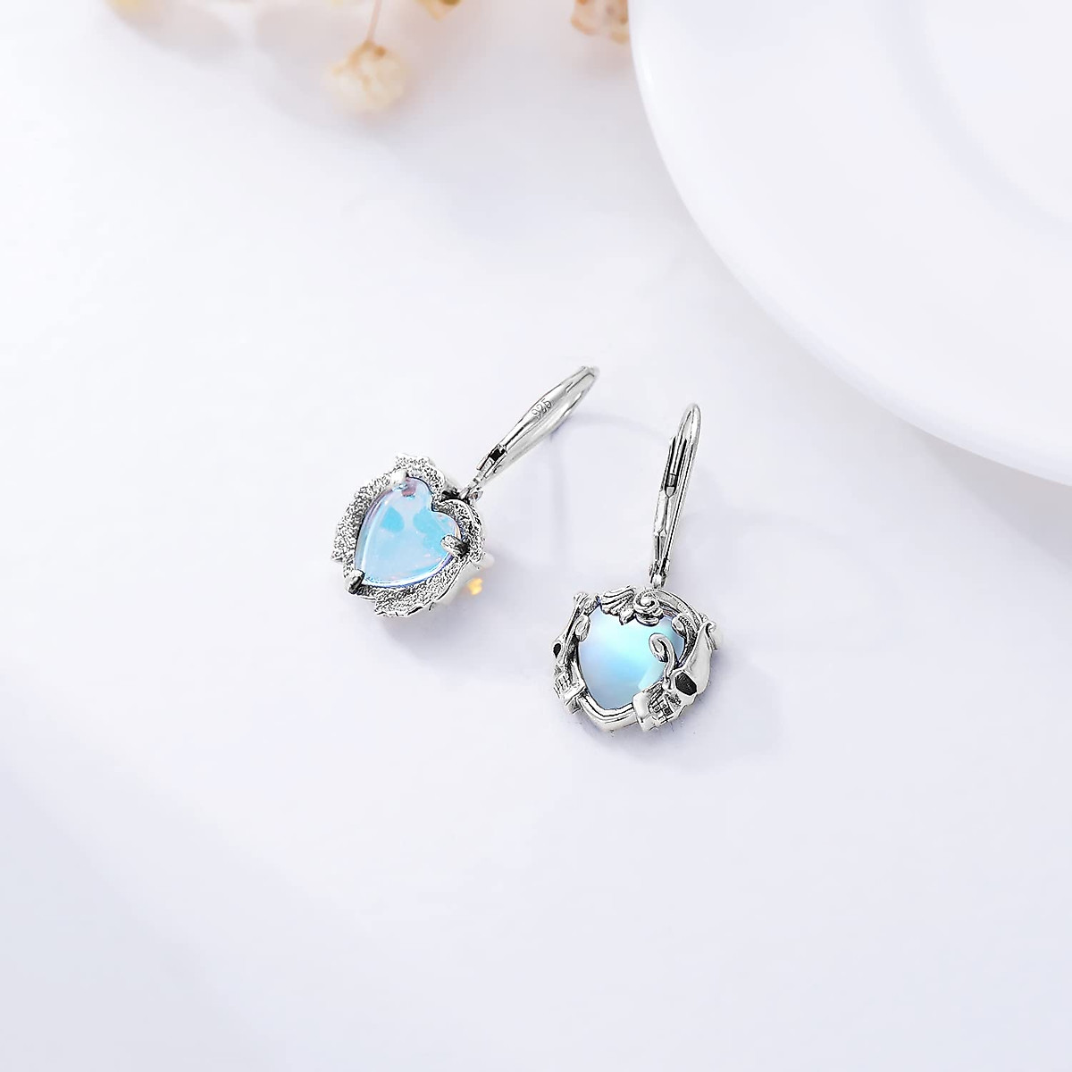 Heart Gothic Skull Head Dangle Earrings for Women S925 Sterling Silver Punk Dangling Earrings with Synthetic Moonstone Halloween Jewelry Gifts