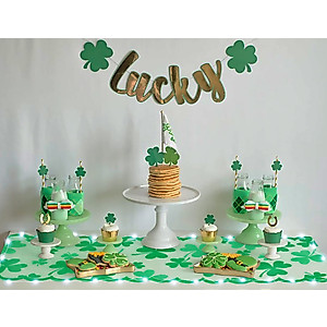 6PCS St Patricks Day Decorations Table Runners Placemats Saint Shamrock Green Lace Embroidered Irish Clover Party Decor Supplies,with 2 Light Strips