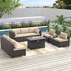 Delnavik Patio Furniture Sectional Sofa 10-Pieces PE Rattan Patio Conversation Set w/43in Gas Fire Pit Table, Outdoor Furniture with 55000 BTU Propane Fire Pit, Sand