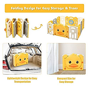 HONEY JOY Baby Play Yard, 12 Panel Psyduck Foldable Baby Gate Playpen, Anti-Slip Rubber Base & Suction, Indoor Safety Baby Fence for The House, Extra Large Anti-Fall Play Pen for Toddler