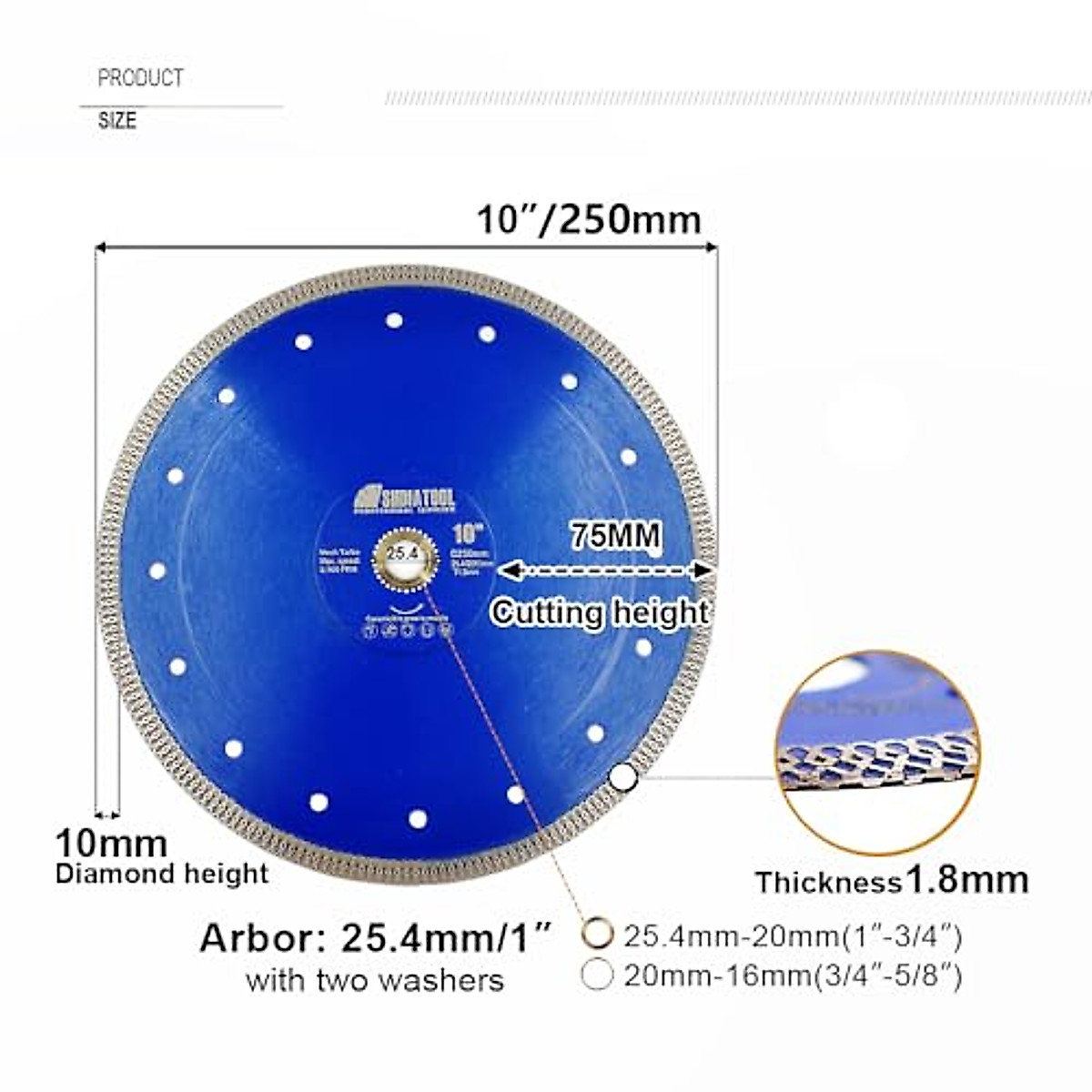 SHDIATOOL 10 Inch Diamond Saw Blade Cutting Disc for Porcelain Tile Ceramic Granite Marble Brick