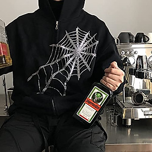 Womens Y2k Rhinestone Spider Web Zip Up Hoodies Vintage Harajuku Oversized Long Sleeve E Girl Streetwear Hoody with Pocket (L, Black)