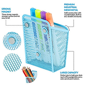 LUCYCAZ Magnetic Pen Holder - Single Magnetic Pencil Locker Holder Organizer, Blue Mesh Marker Holder Pen Basket for Whiteboard, Refrigerator and Locker