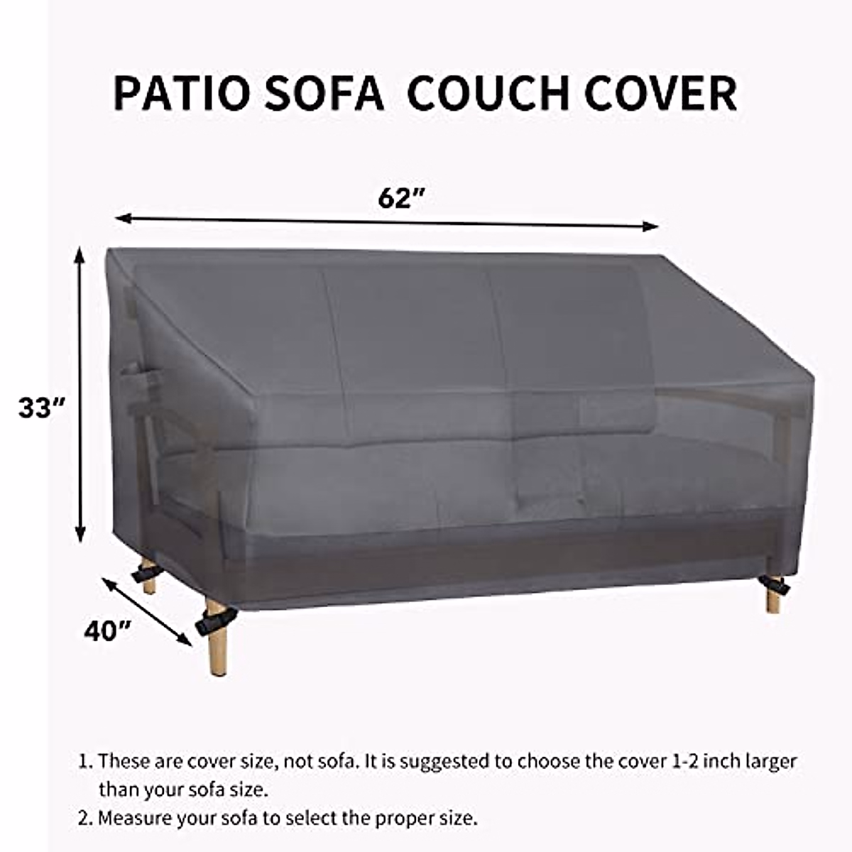 Easy-Going Waterproof Outdoor Couch Cover, Heavy Duty 3-Seater Patio Sofa Cover, Winchdproof Outdoor Furniture Cover with Air Vent (62Wx40Dx33H inch, Gray/Dark Gray)
