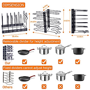 ZHOHO TANT Pan Organizer Rack for Cabinet Pot Rack with 3 DIY Methods 8 Tiers Adjustable Pots and Pans Organizer under Cabinet for Kitchen Counter (Black Steel)