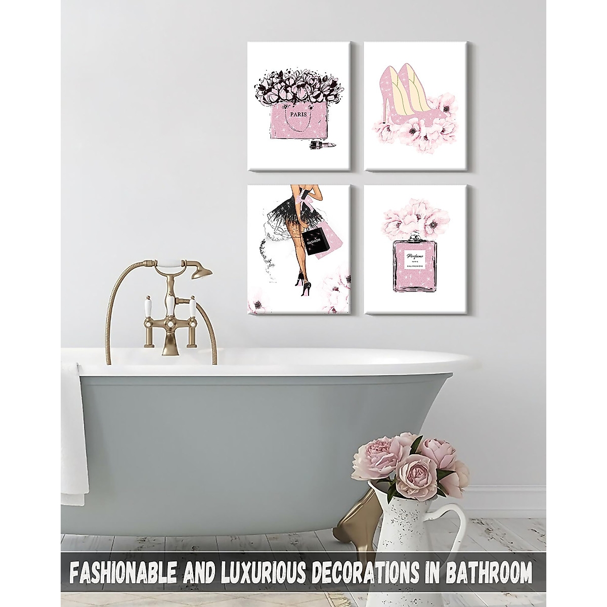 Drsoum Glam Pink Fashion Wall Decor,Woman Makeup Framed Wall Art,Hot Pink Girly Room Decor,Perfume Handbags High Heels Lipstick Wall Paintings Set of 4, 8x10 in (Framed)