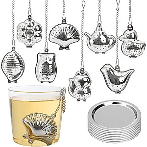 Elsjoy Set of 8 Loose Leaf Tea Infusers with Chain and 8 Drip Trays, 18/8 Stainless Steel Tea Balls Cute Tea Steepers, Mini Tea Strainer Tea Filter Set for Mugs, Tea Cups, Teapots, 16 Pcs