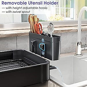 Aluminium Dish Drying Rack, Expandable(14.9"-22.2") Dish Racks for Kitchen Counter with Drying Mat, Rustproof Large Dish Drainers and Drainboard Set with Cutlery & Cup Holders for Various Kitchenware