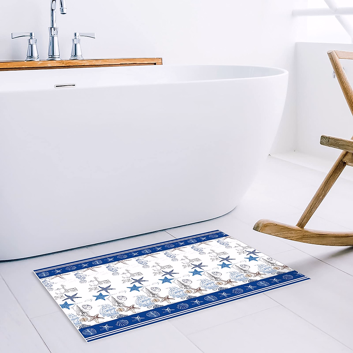 Door Mat for Bedroom Decor, Ocean Theme Blue Brown Seashell Starfish Coral and Vessel Floor Mats, Absorbent Rugs for Living Room, Non-Slip Bathroom Rugs Home Decor Kitchen Mat Area Rug 18x30 Inch