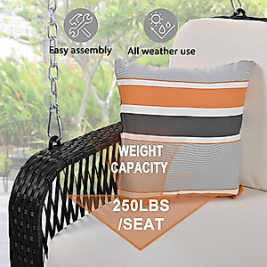 BAMOOLI Porch Swing 2-Seater, 2 Person Wicker Hanging Swing Bench with Chains & Cushions 500 lbs Weight Capacity, Rattan Swing Bench Outdoor Swing, Modern Patio Swing Chair for Garden, Backyard, Beige