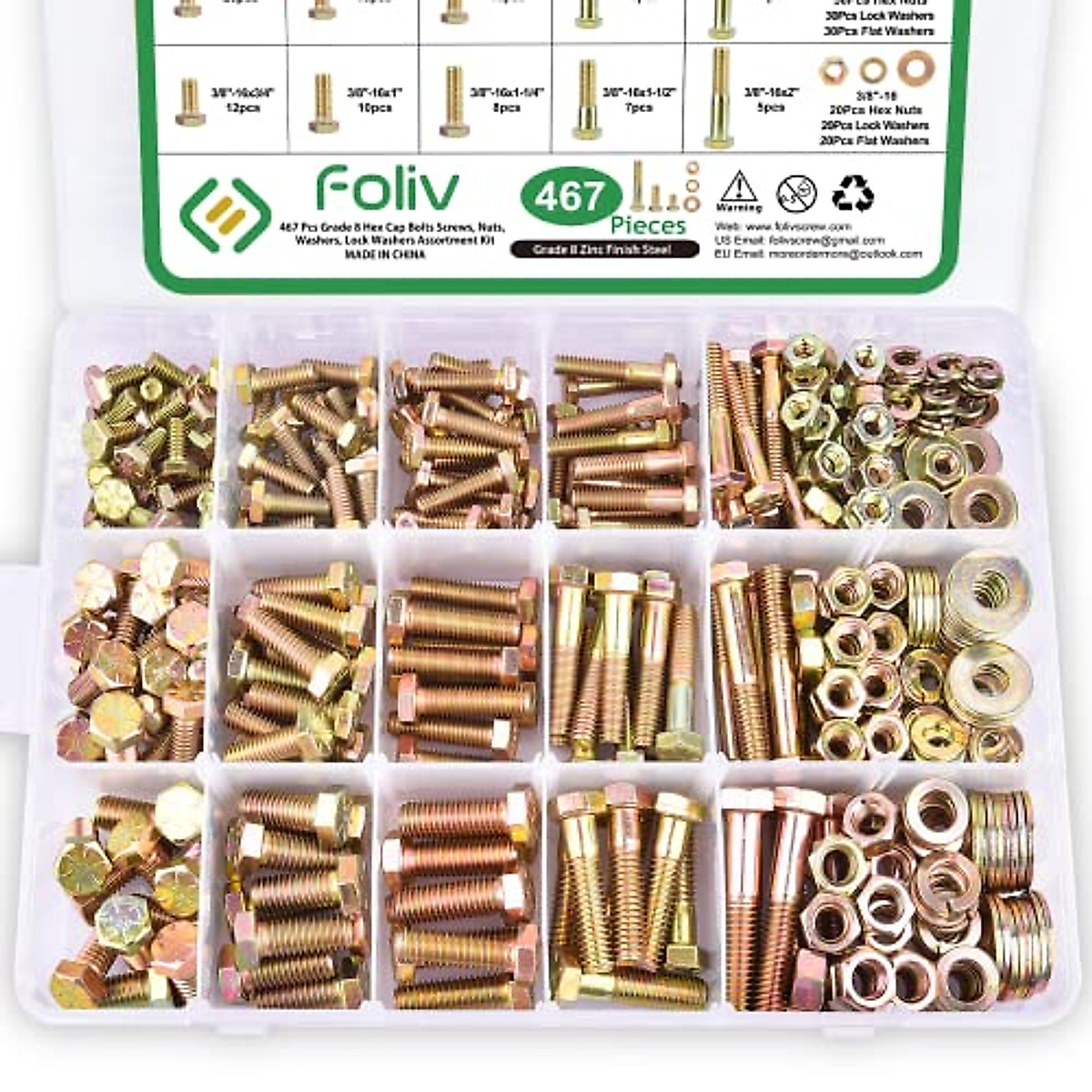 FOLIV 467Pcs Heavy Duty Bolt Nut Washer Assortment Kit - Flat Hex Screws Bolts Nuts Lock and Flat Gasket Washers Assortment Kit, Grade 8