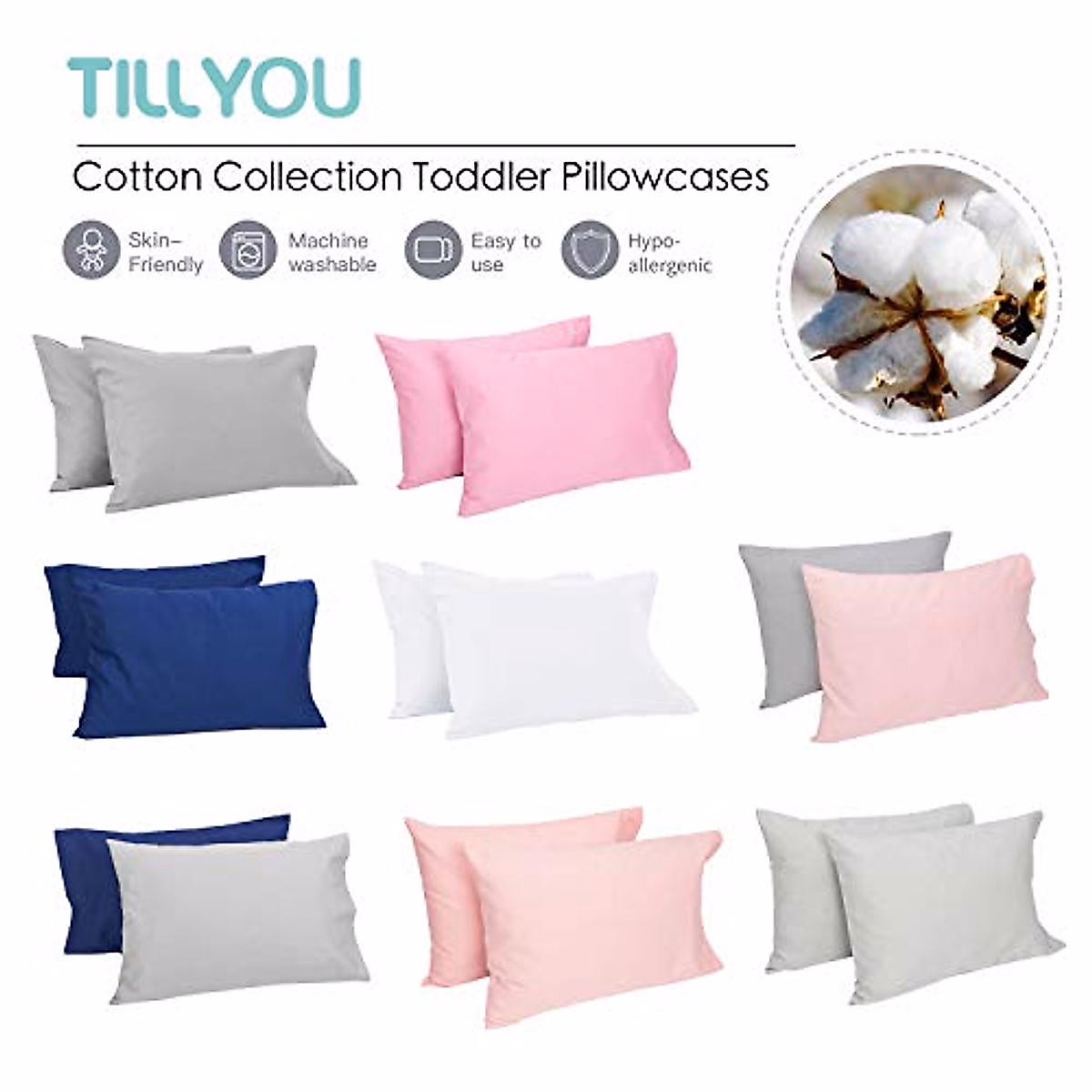TILLYOU Cotton Toddler Pillowcases - 2 Pack Super Soft Kids Travel Pillow Cases Envelope Closure for Boys Girls, 14x20 Inches, White