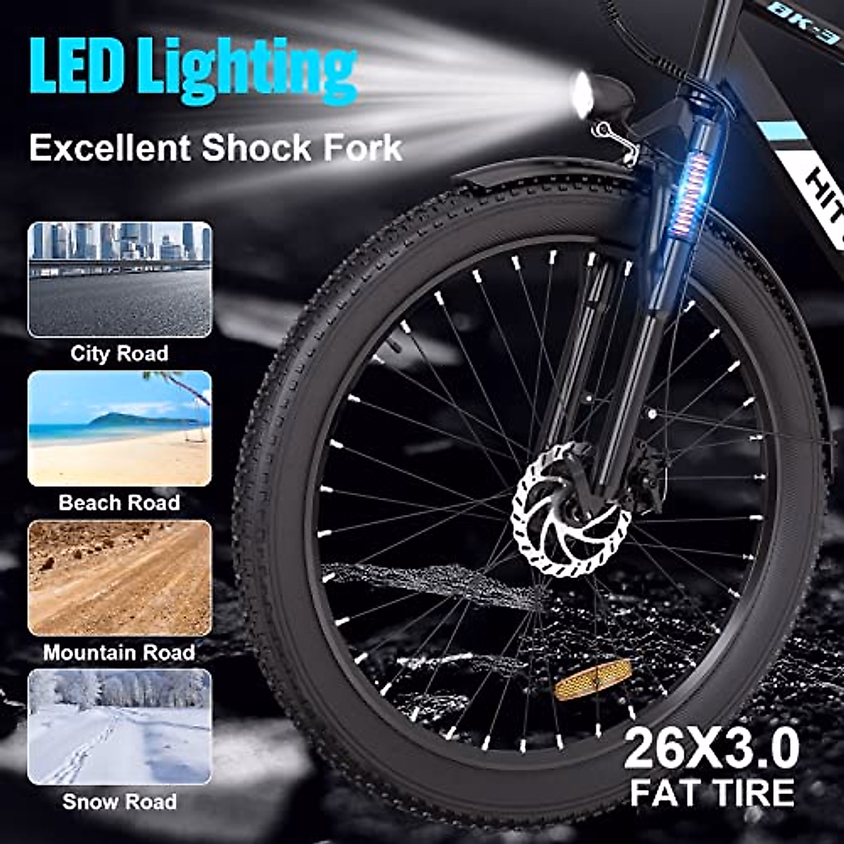 HITWAY Electric Bike for Adults, 750W/48V/14Ah Ebike with Removable Battery, 20MPH/35-75Miles Bicycle 26'×3.0 Fat Tire, Mountain E Men Women, Shimano 7-Speed Transmission, IP54, BLACK, (BK3M)