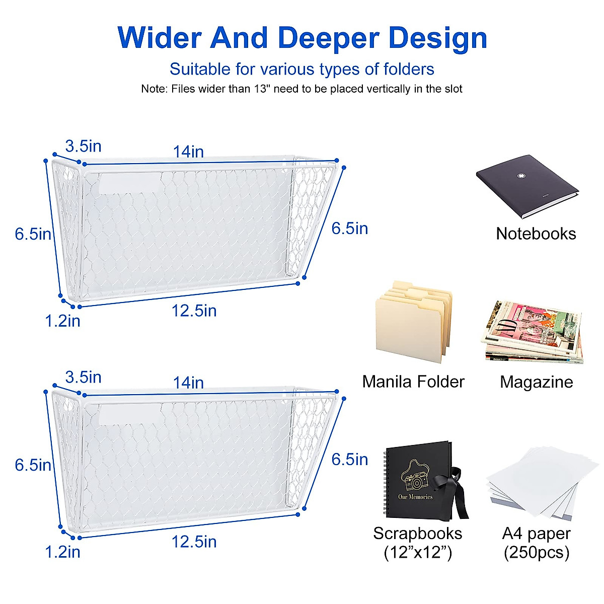 Magnetic File Holder for File Cabinets,1-Tier No Drilling Durable Magnetic Paper Holder, White Mesh Magnetic File Organizer for Refrigerator, Magazine Organizer, Writing Label Included (2 packs)