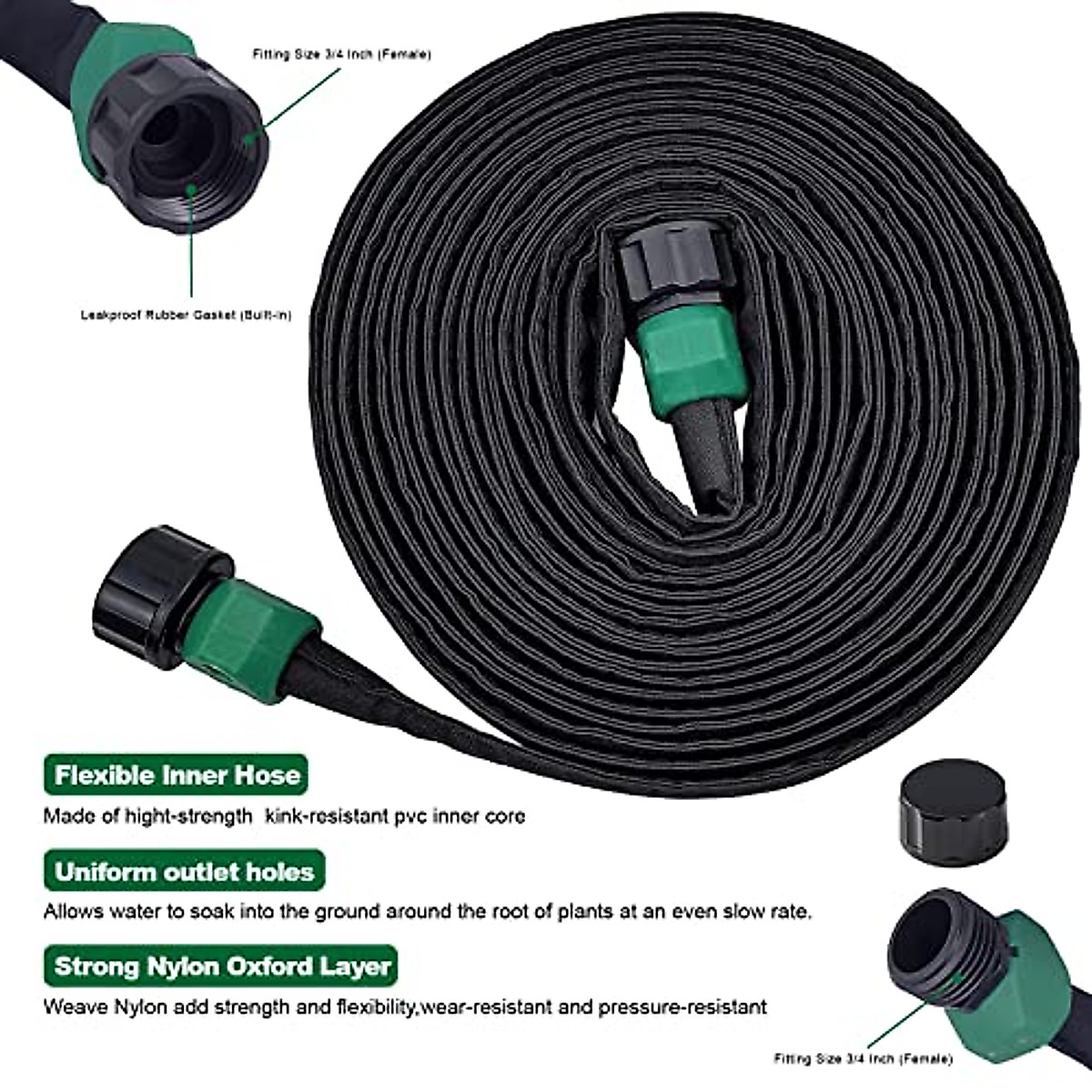 Flat Soaker Hose for garden beds,50 FT Double Layer Design 5/8" Heavy Duty -Saves 80% Water Drip Weeper Hoses Black
