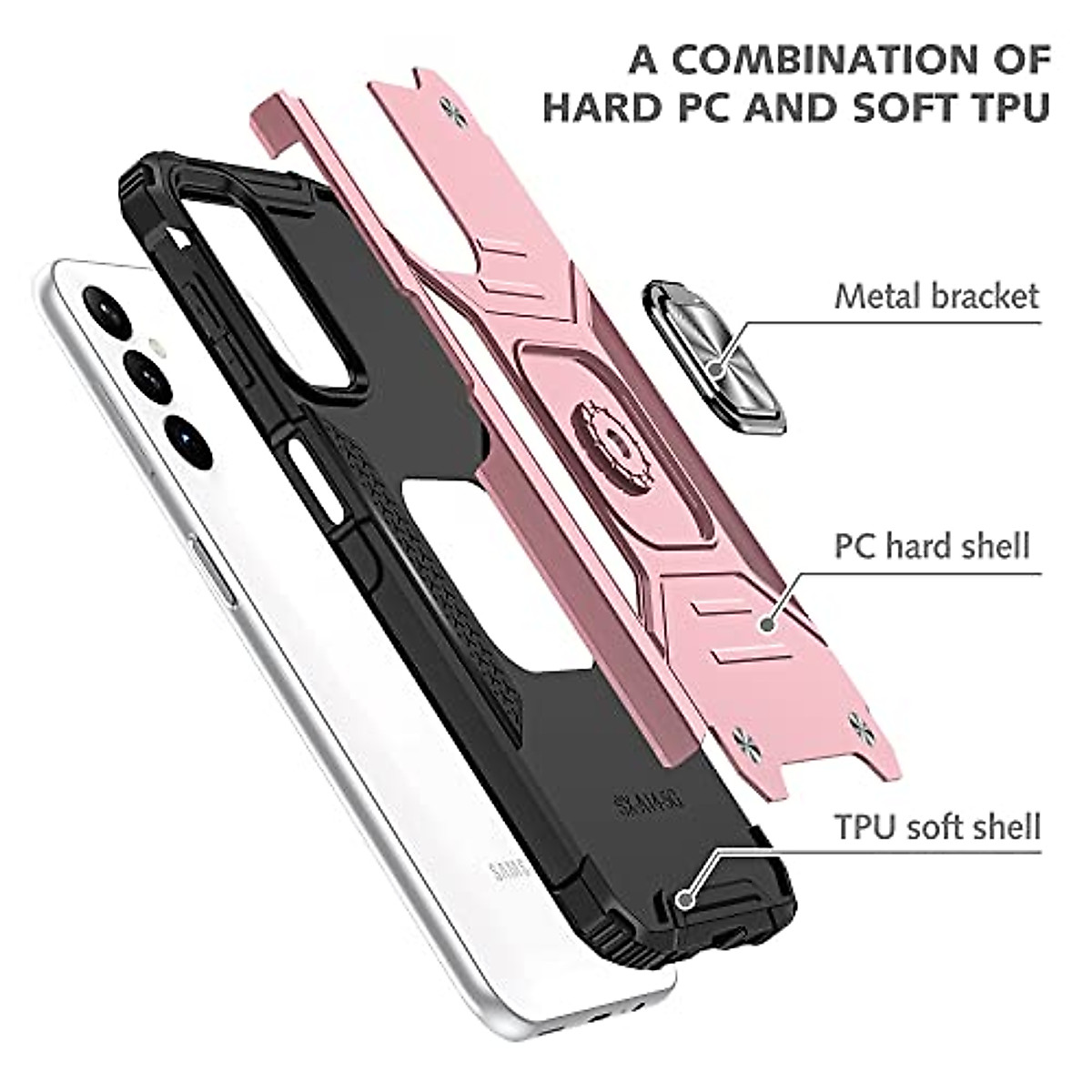 Amytor Designed for Samsung Galaxy A14 5G Case[2 x Tempered Glass Screen Protector] [ Military Grade ] 17Ft. Drop Tested Armor Protective Phone Case with Magnetic Car Mount Ring Kickstand (Rose Gold)