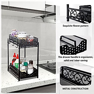 1 Pack Metal Under Sink Organizers and Storage - 2 Tier Bathroom Under Sink Organizers with Sliding Drawer Storage Kitchen Adjustable Under Sink Cabinet Organizer Sliding Countertop with Wheels,Hooks