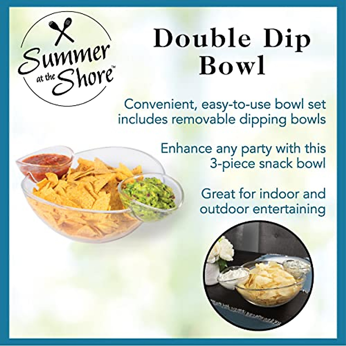 Summer at the Shore Double Dip Bowl, Perfect for Chips or Vegetables, Party Planning Accessory, Space-Saving Trendy Design, Clear Chips and Dip Server One Size