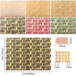 Birthday Wrapping Paper Set, 6 Sheets Kraft Brown Recycled Gift Wrapping Paper with Stickers, Gift Wrapping Paper with Happy Birthday Pattern Design for Kids Girls Women Boys Men Adults, 20×28 inches