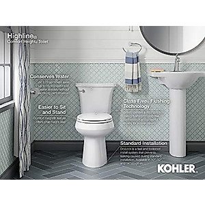 Kohler K-3493-0 Highline Classic Pressure Lite Comfort Height Elongated 1.6 gpf Toilet with Left-Hand Trip Lever, Less Seat, White