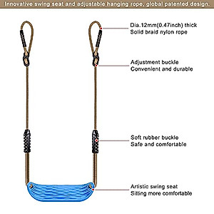 SELEWARE Plastic Swing Seat, Non Slip Tree Swing Set with Adjustable Rope and 2 Carabiners, Heavy Duty Playground Swing Set Accessories for Kid Indoor Outdoor Backyard, Blue