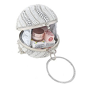 UMREN Women Pearl Round Ball Dazling Crystal Evening Clutch Purse Rhinestones Tassel Wedding Party Handbags Silver 5