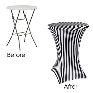 YOUR CHAIR COVERS - 30" D x 42" H Highboy Cocktail Round Stretch Spandex Table Cover - Black and White Striped, Fitted Elastic Tablecloth for Round Tables, Outdoor Party DJ Tradeshow Vendor Wedding