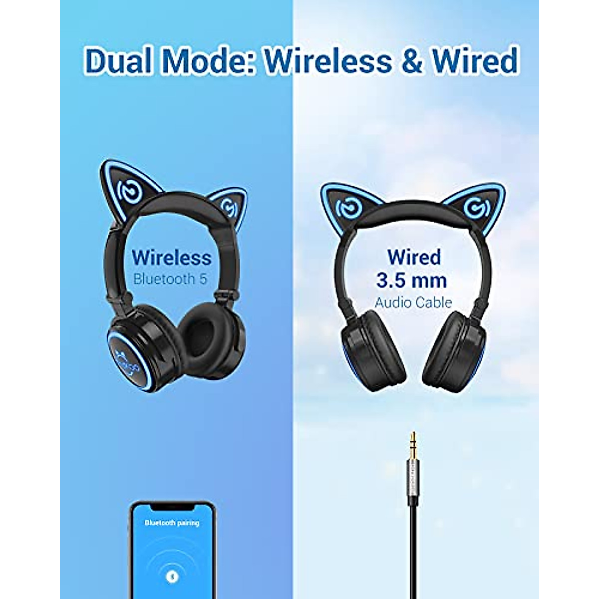 MindKoo Cat Ear Bluetooth Headphones with Microphone, LED Light Up Over Ear Headphones, Volume Control and Foldable Headset for Tablet/PC/iPad/Cell Phones, Gift for Kids Boys & Girls