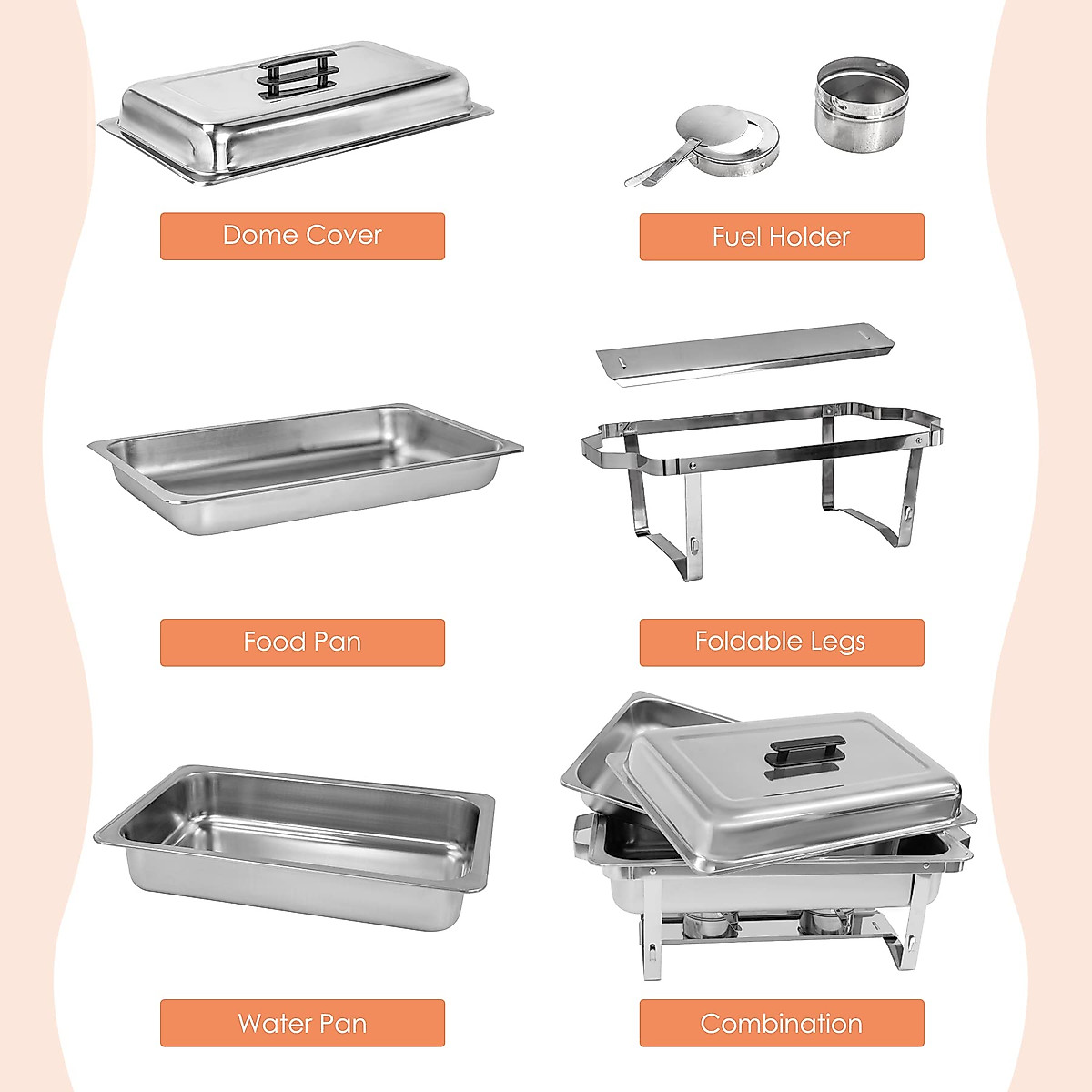 GRANDMA SHARK Chafing Dishes Buffet Sets 6 Packs 8QT Stainless Steel Rectangular Chafers and Buffet Warmer with Alcohol Furnace for Catering Buffet Food Warmer Set with Folding Frame, Silver