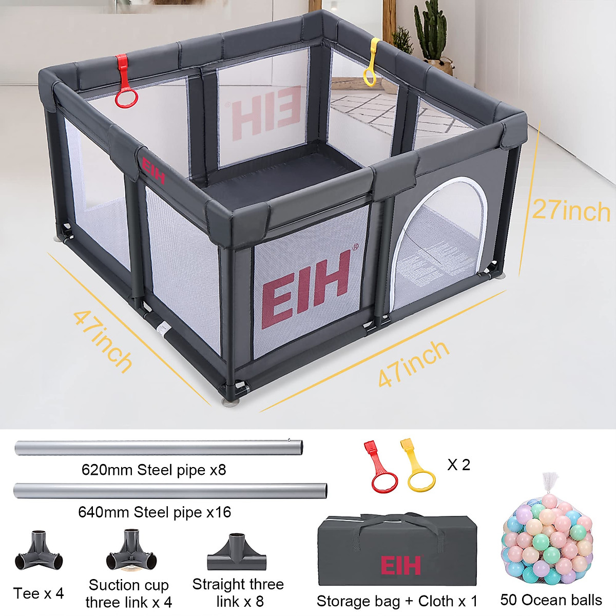 Baby Playpen, Playpen for Babies and Toddlers Indoor & Outdoor Kids Activity Center with 50 Ocean Balls Small Baby Playard Breathable Mesh Kids Safety Play Area, 47in x 47in (Dark Gray)