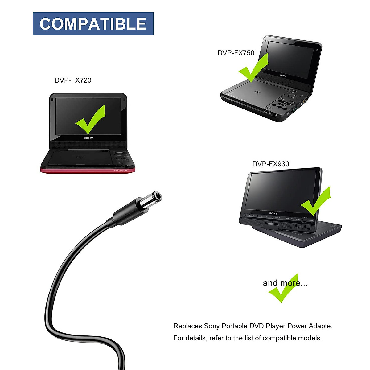 12V AC Adapter Charger for Sony Portable DVD Player AC-FX150 DVP-FX720 DVP-FX730 DVP-FX750 DVP-FX810 DVP-FX811 DVP-FX820 DVP-FX921 DVP-FX970 DVP-FX950 DVP-FX955 DVP-FX94/B Power Supply Cord